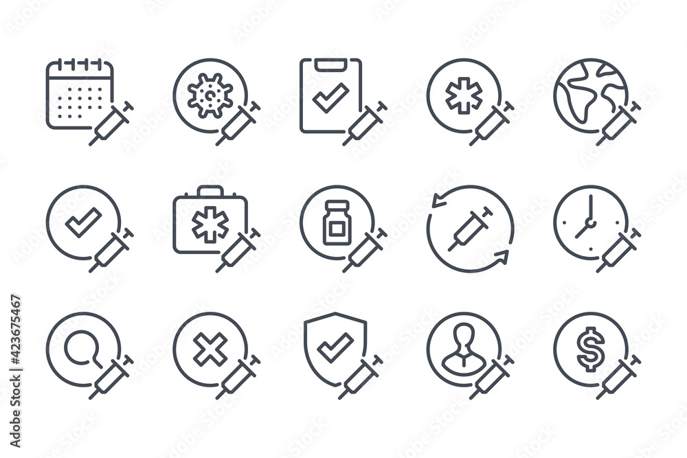 Vaccine and vaccination line icon set. Healthcare, virus treatment and ...