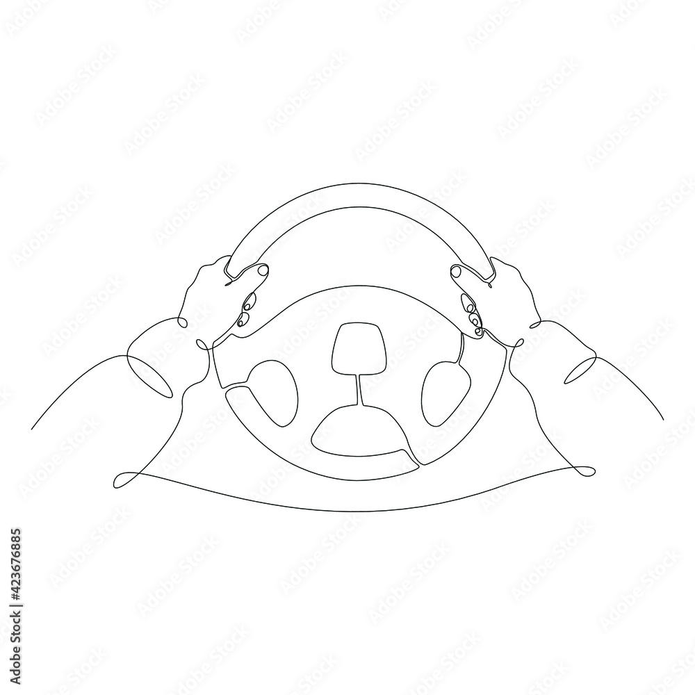 Continuous line drawing of driver holding steering wheel of a car ...
