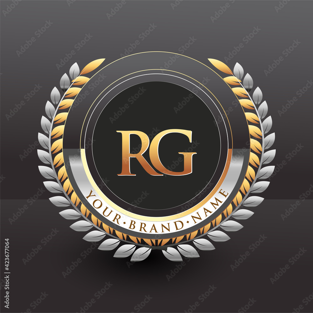 Initial logo letter RG with golden and silver color with laurel and ...