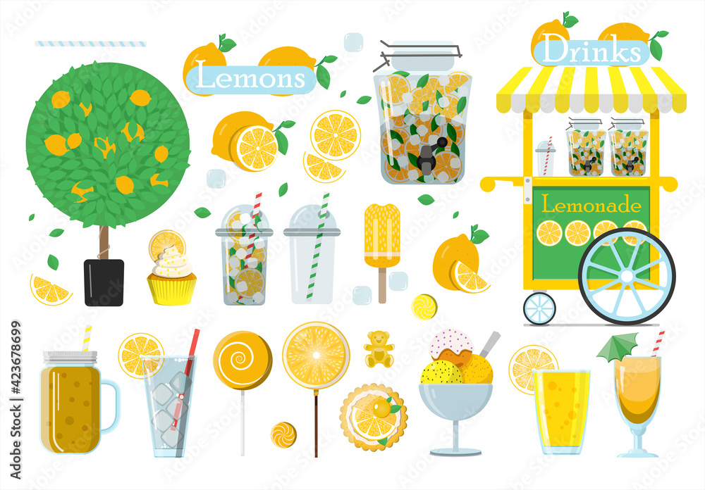 Big vector lemonade set. Flat illustration of glasses of lemonade ...