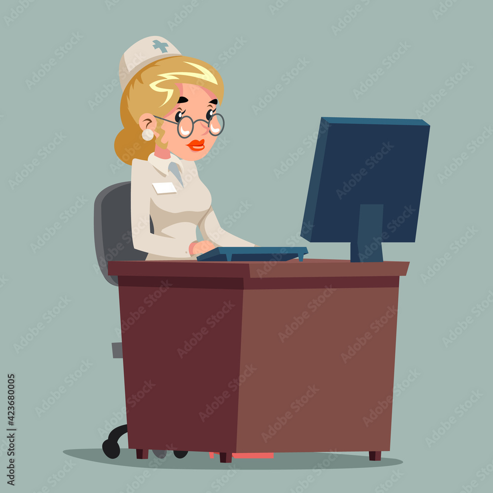 Doctor work computer reception woman cartoon nurse character design ...