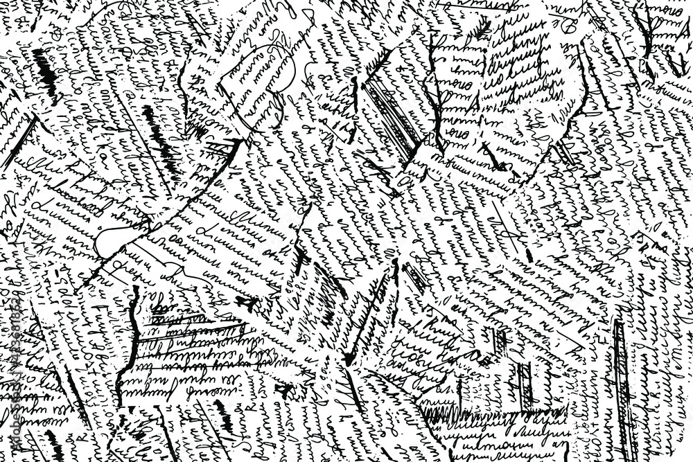 Grunge texture of unreadable handwritten text in fragments. Scraps of a ...