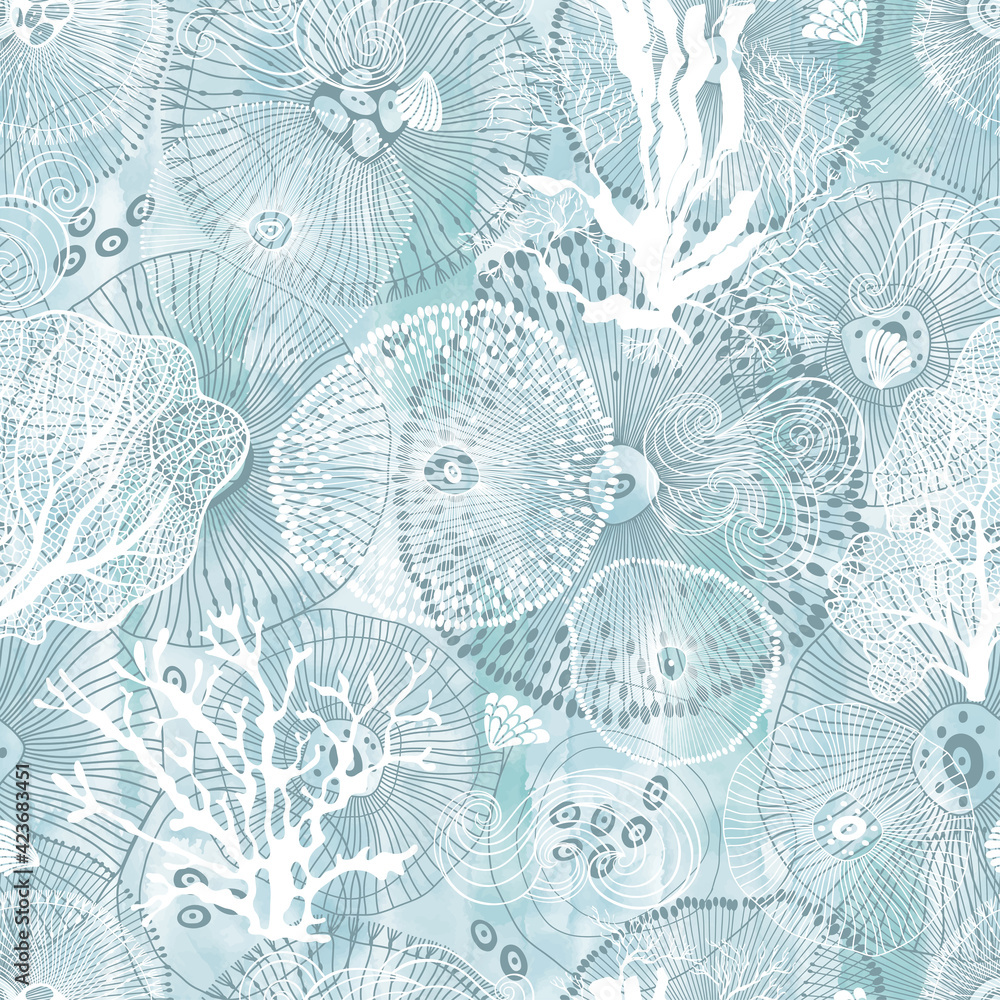 Sea. Abstract seamless pattern on the marine theme on blue watercolor ...