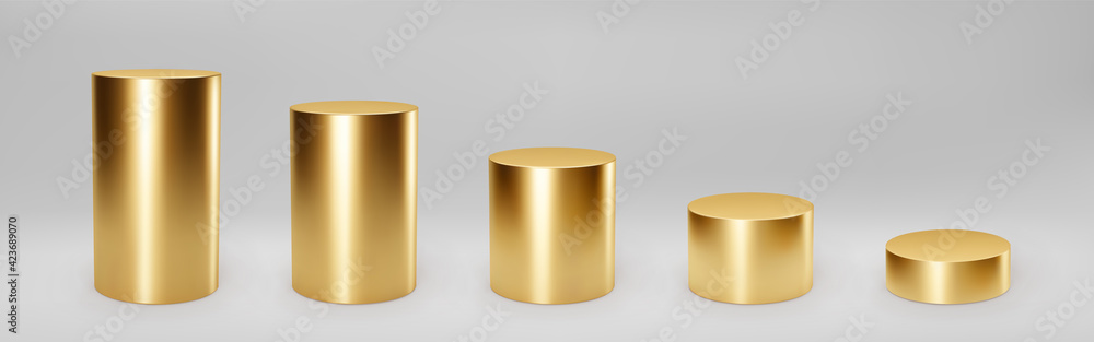 Gold 3d cylinder set front view and levels with perspective isolated on ...