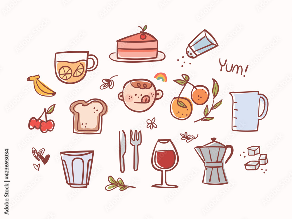 Cute hand drawn cafe icon illustrations. Cafe elements for decorating ...