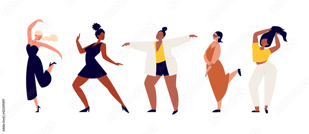 Dancing women. A set of cartoon female characters with different shapes ...