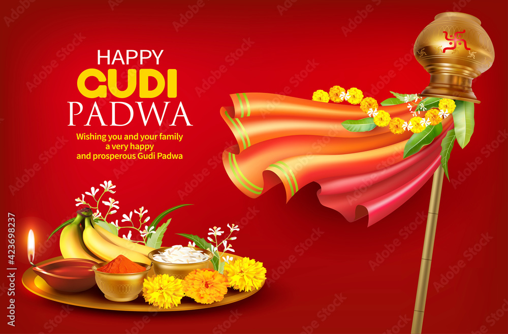 Greeting card with traditional symbol Gudhi and pooja thali (tray) for ...