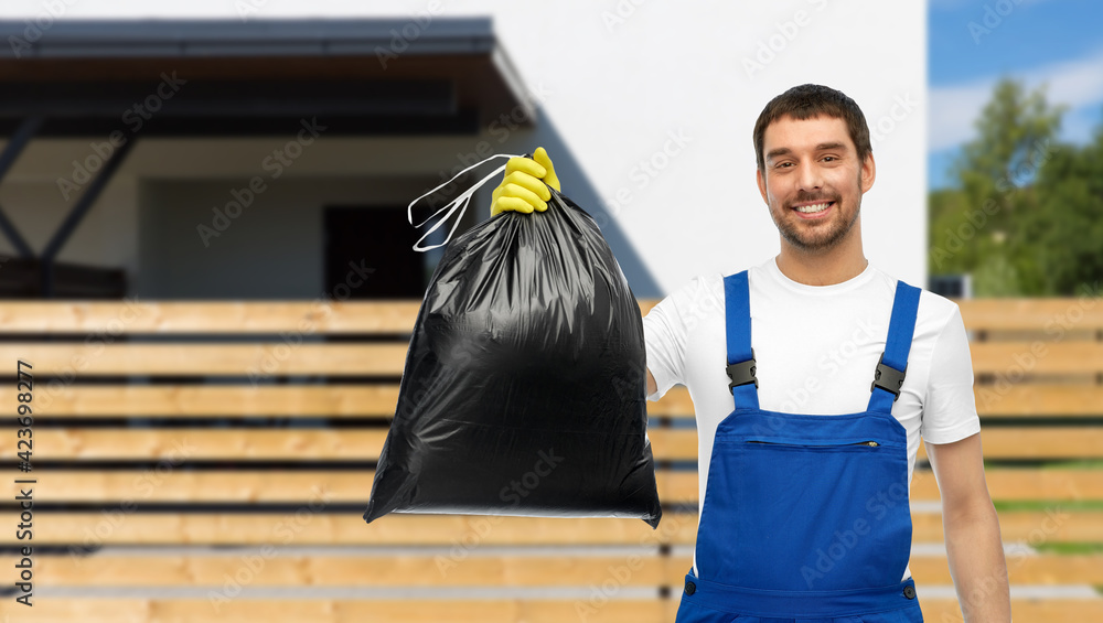 profession, cleaning service and people concept - happy smiling male ...