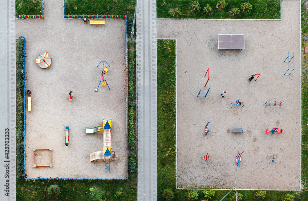 Green playground with kid aerial top view. Modern architecture. Play ...