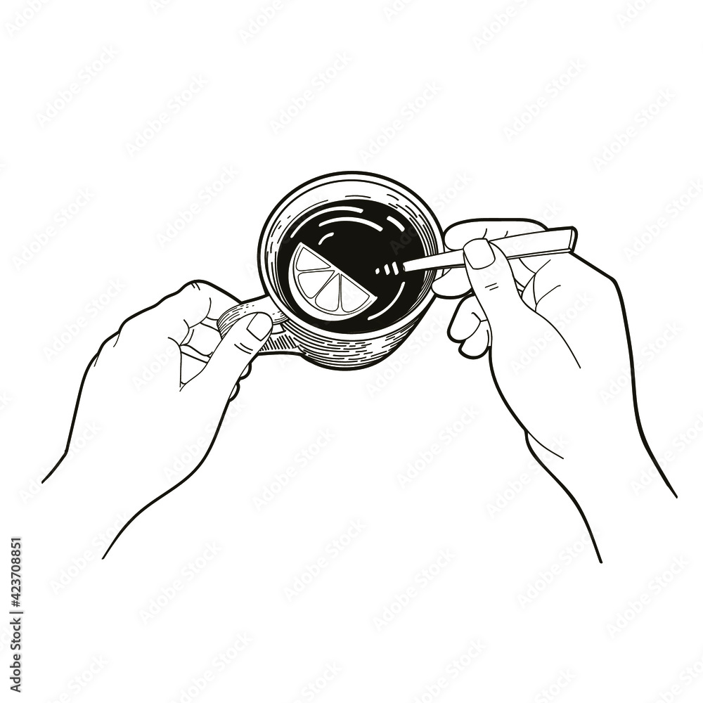 Hands stir a spoon with a hot drink in a cup, top view. Vector ...
