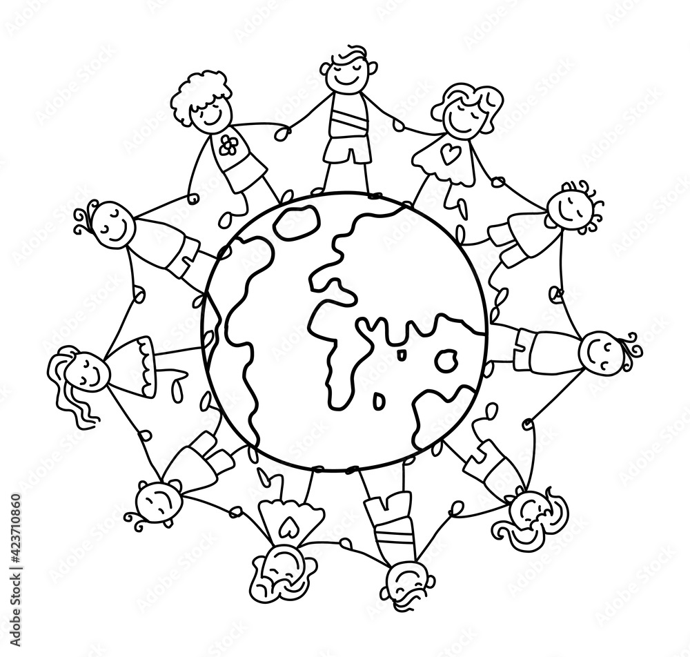 World kids cartoon stick figure blac line drawing Stock Vector | Adobe ...