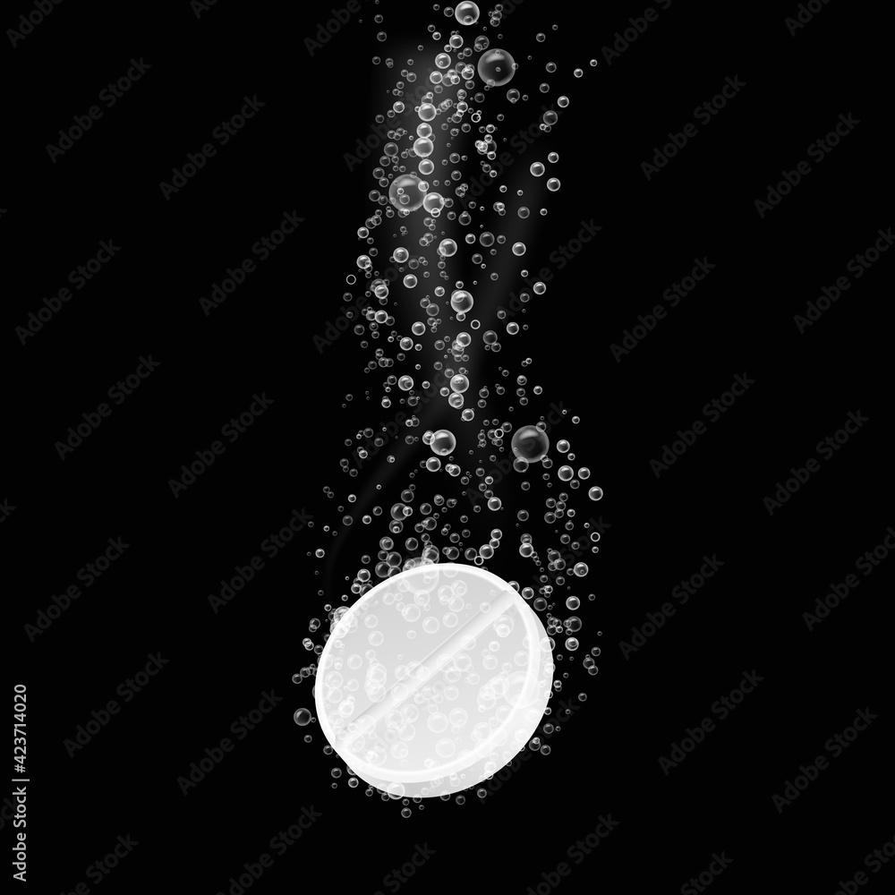 Tablet with bubbles. Dissolving effervescent aspirin pill in fizzy ...