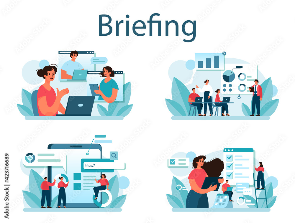 Briefing concept set. Business people in front of co-workers with a ...
