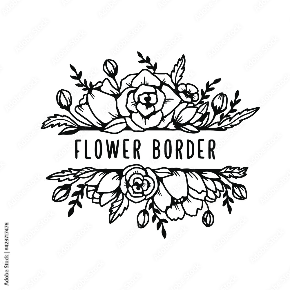 Floral border elegant monogram with flowers and leaves. Hand drawn ...