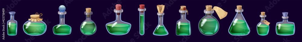 Set of Bottles magic liquid potion fantasy elixir. Game icon GUI for ...