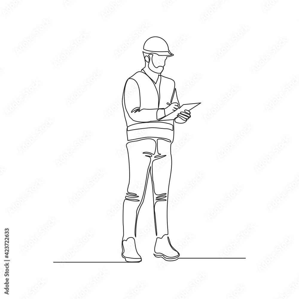 Continuous line drawing of young male architect engineer worker ...
