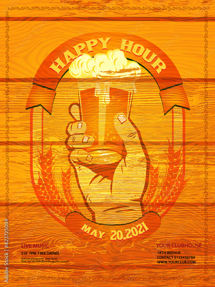 Beer Promotion Happy Hour Flyer Template with beer glass, hand on ...