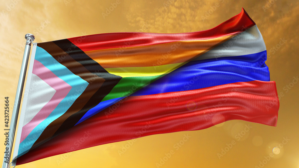 Russia Flag and New LGBT Rainbow Flag waving with texture Golden sky ...