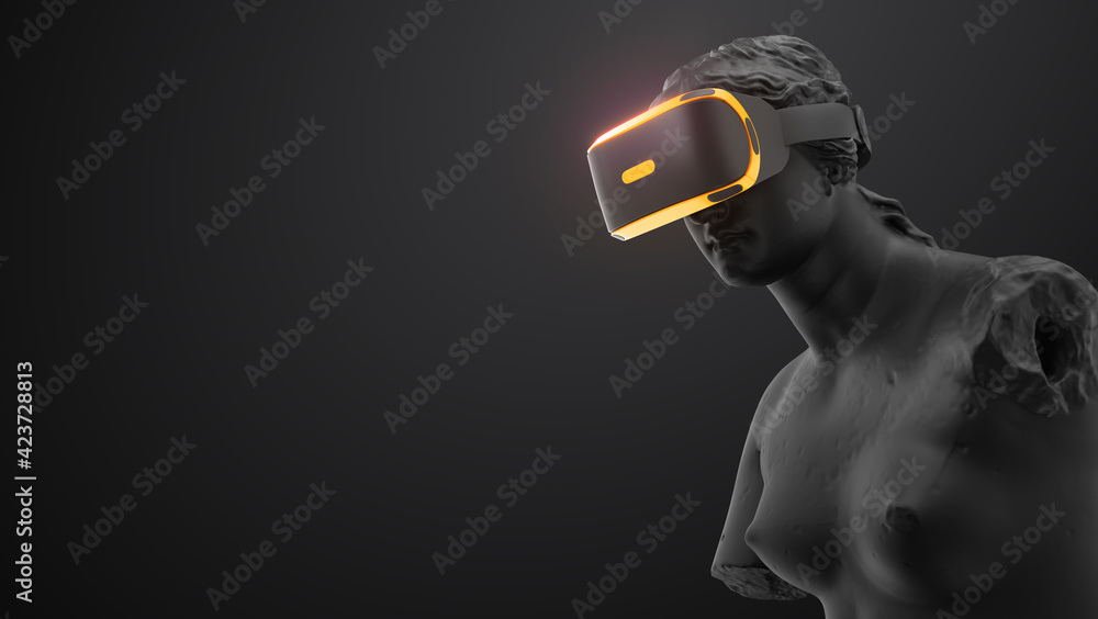 VR headset with neon light, future technology concept banner. 3d render ...