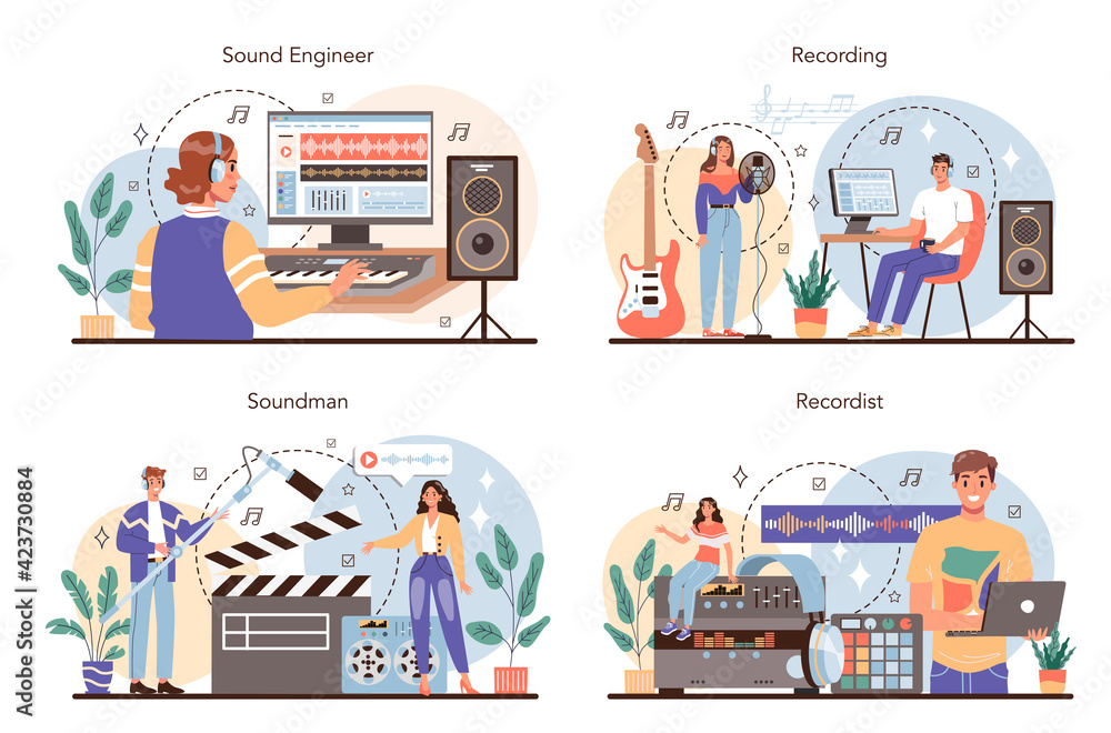 Sound engineer concept set. Music production industry, sound recording ...