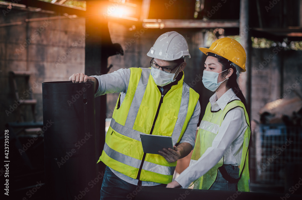 Portrait woman worker and engineer under inspection and checking ...