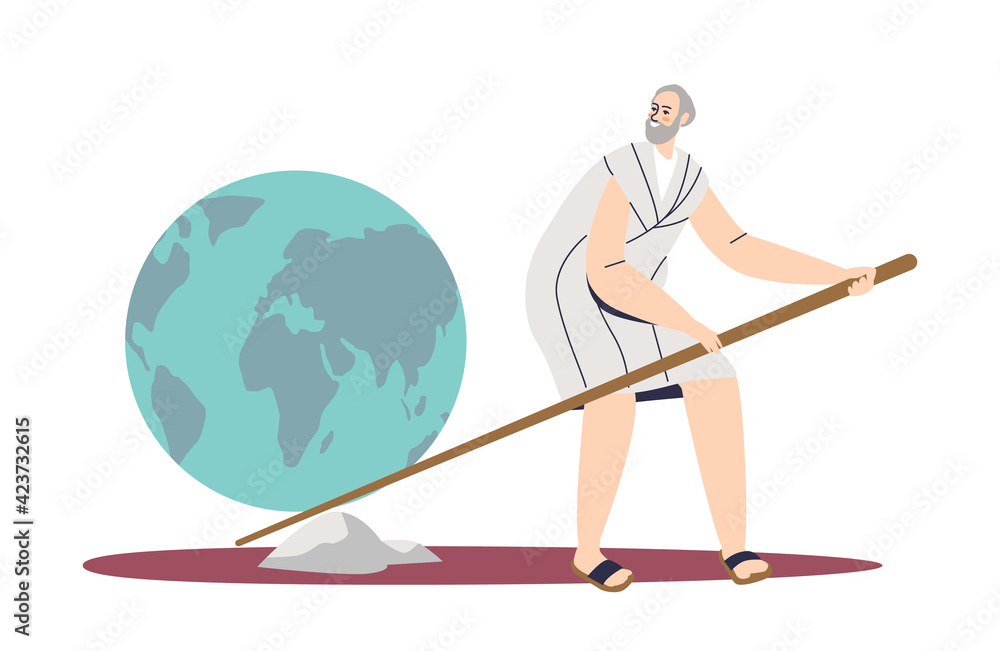 Man holding lever trying to lift earth with fulcrum. Cartoon male ...