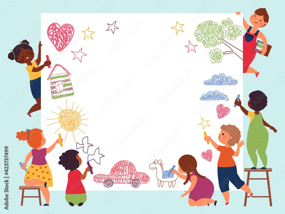 Children painting banner. Kid hand drawing, creative girl and boy draw ...