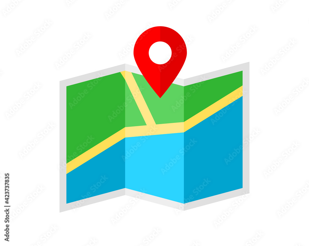 Flat map color icon with map marker. Location symbol. Paper map with a ...