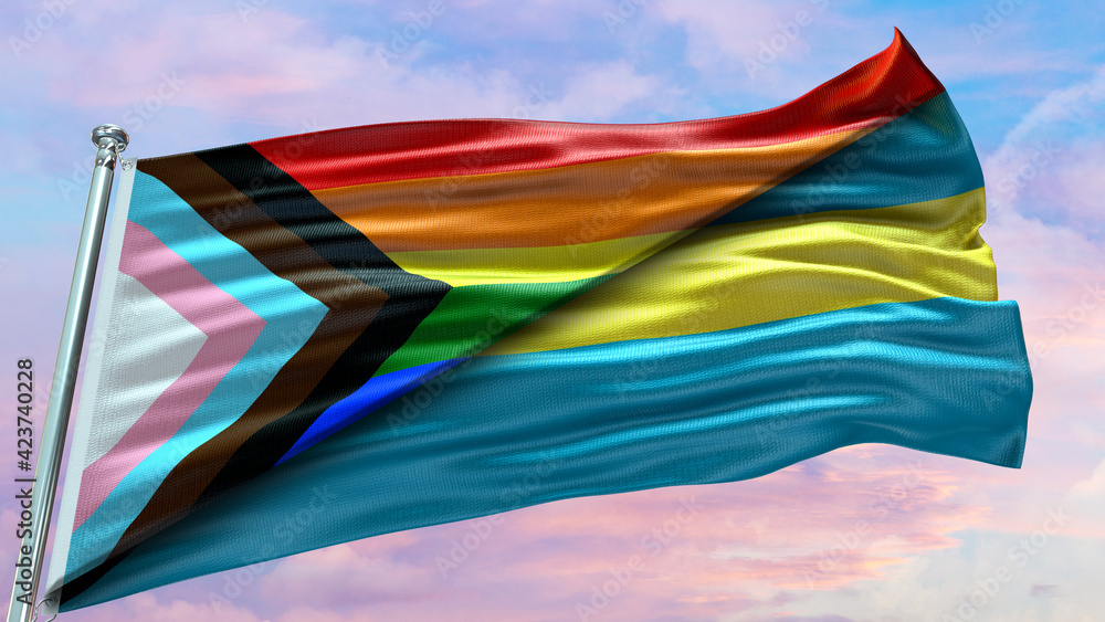 Bahamas Flag and New LGBT Rainbow Flag waving with texture Pink sky ...