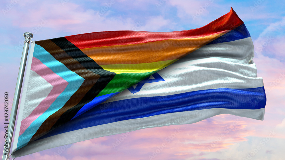 Israel Flag and New LGBT Rainbow Flag waving with texture Pink sky ...
