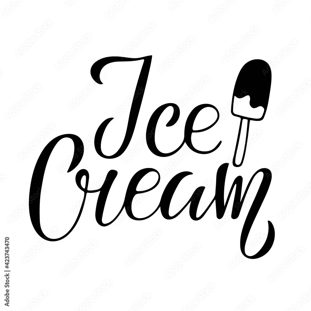 Ice Cream text wich Ice Cream stick sketch in chocolate. Hand dritten ...