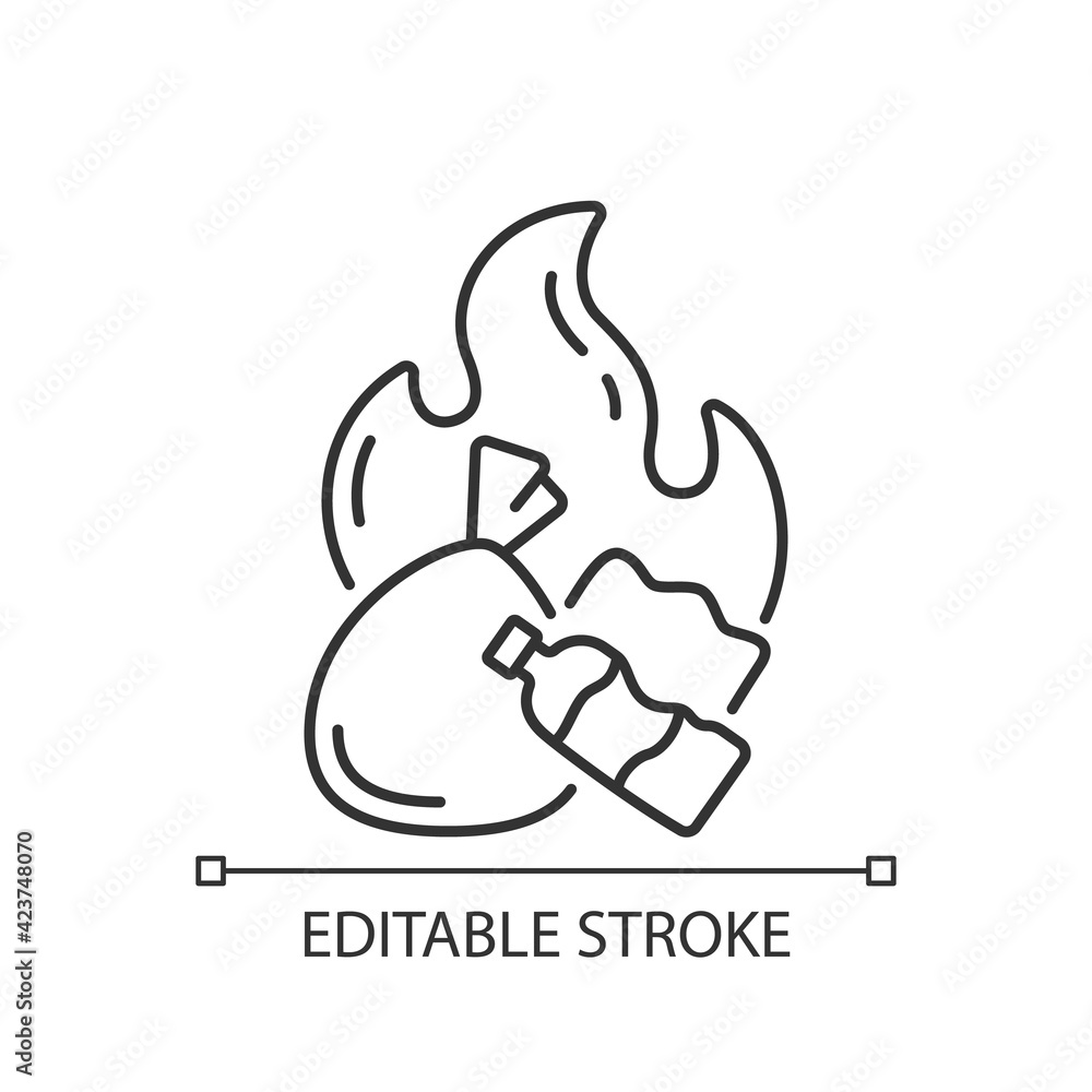 Burning garbage linear icon. Pollutants from backyard burning of trash ...