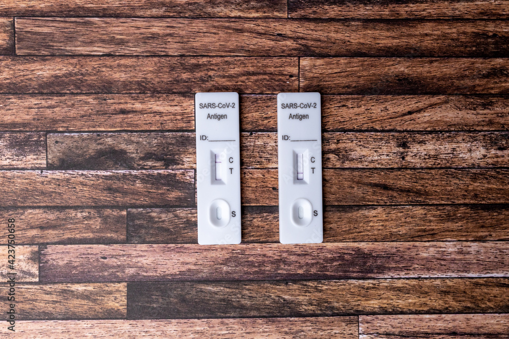 two Covid 19 antigen saliva tests with negative and positive result are ...