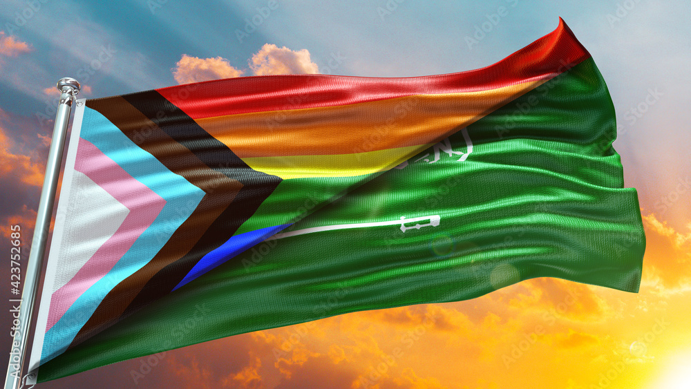 Saudi Arabia Flag and New LGBT Rainbow Flag waving with texture Blue ...