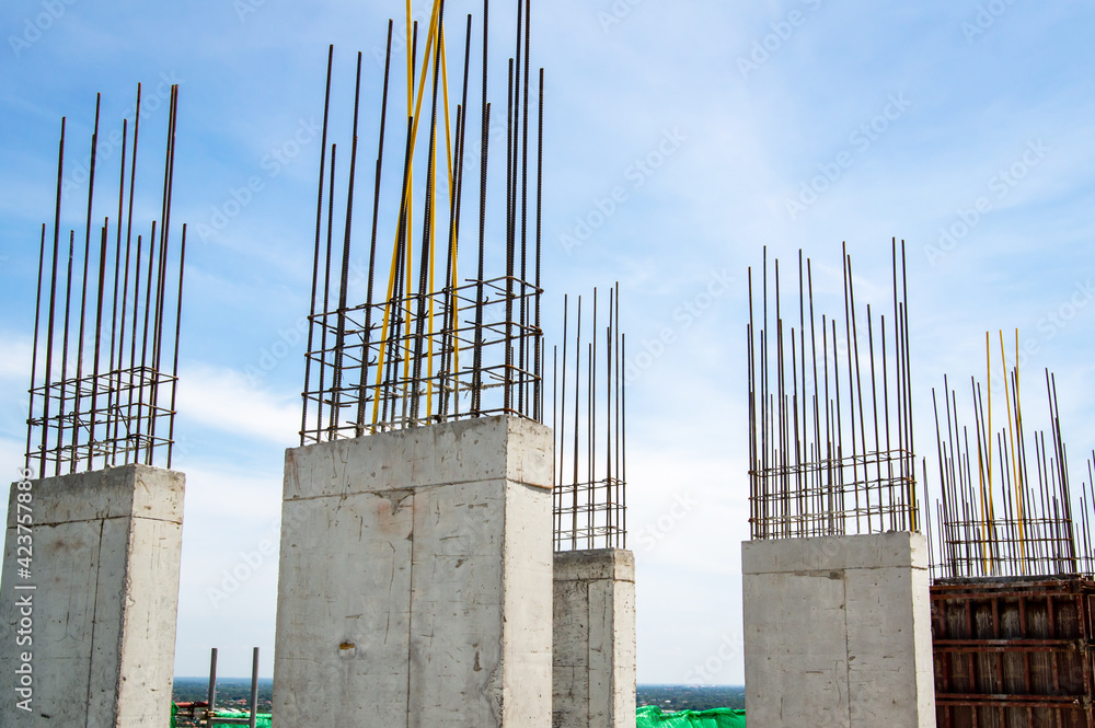 Steel reinforce in concrete column.Steel grid on the construction site ...
