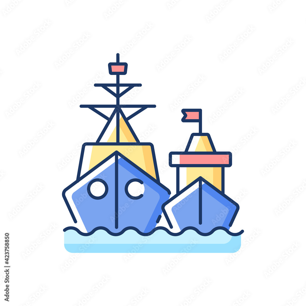 Naval fleet RGB color icon. Military force unit. Warships formation in ...