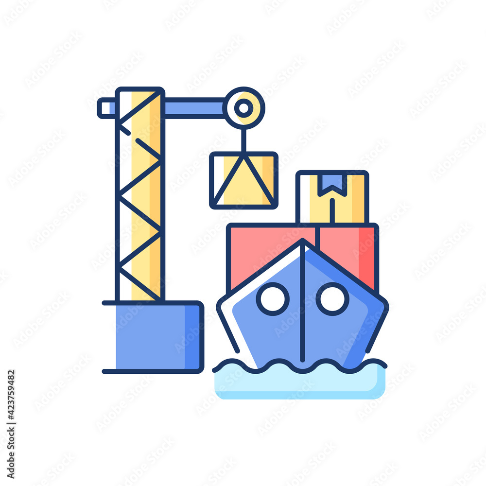 Cargo loading RGB color icon. Container ship. Vessel loading, unloading ...