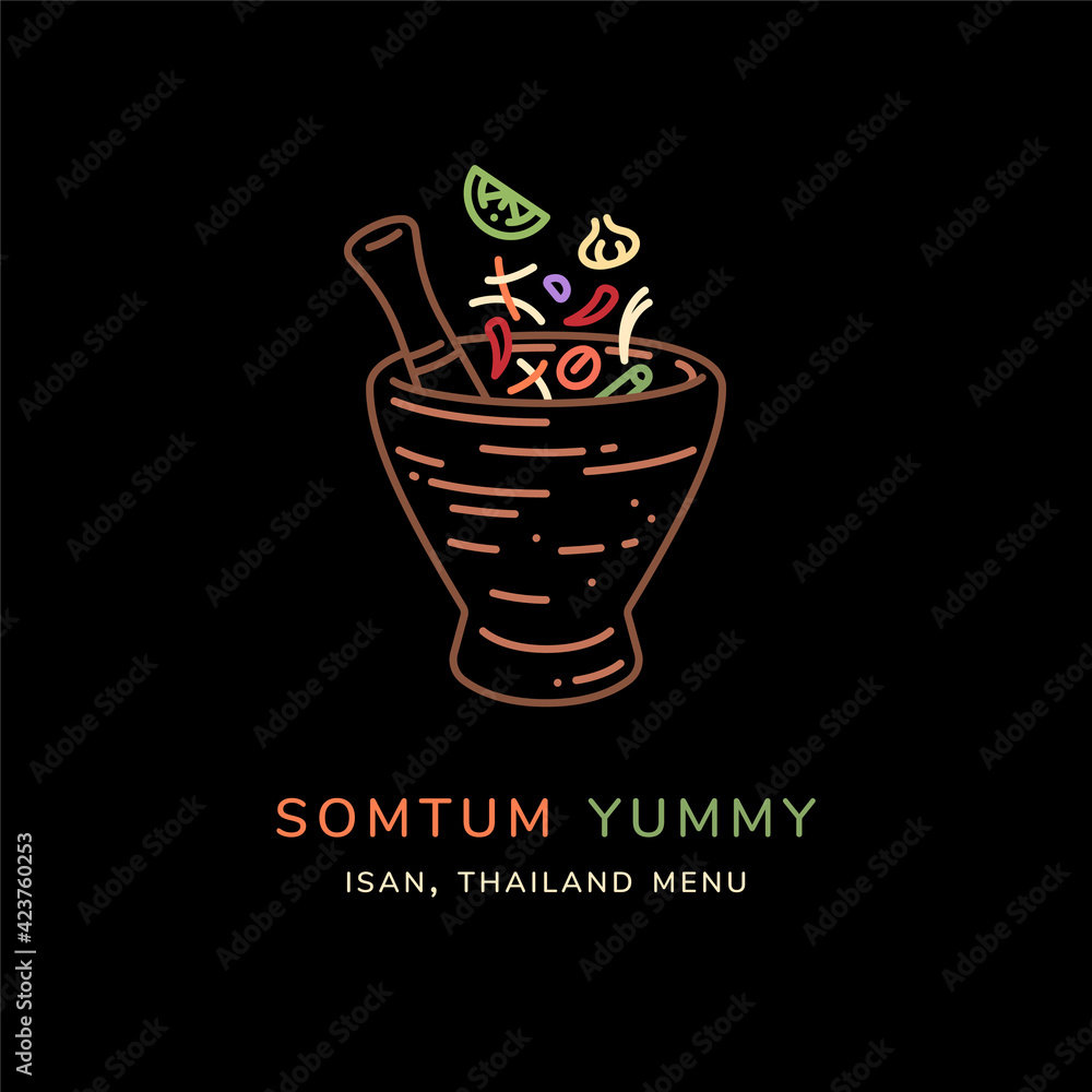 Green papaya salad (Som Tum) line art vector illustration. Som tam,thai ...