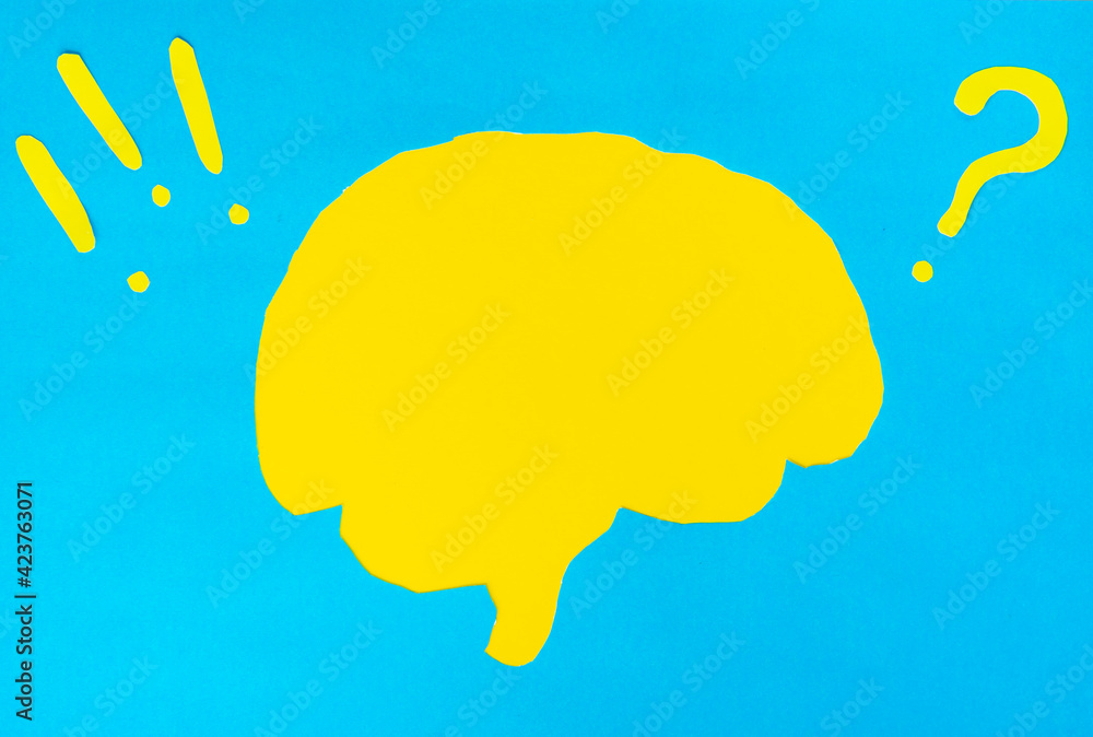 problem concept, yellow brain layout with question and exclamation ...