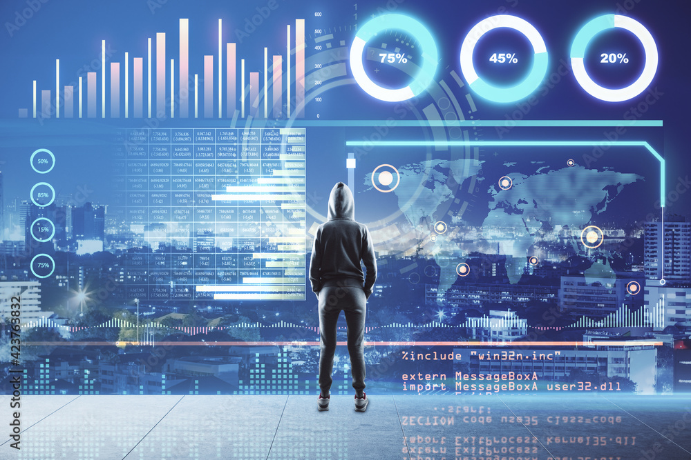 Stats data concept with guy in sport suit opposite big virtual screen ...