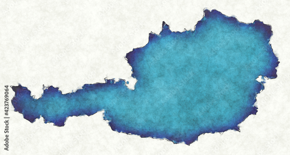Austria map with drawn lines and blue watercolor illustration Stock ...