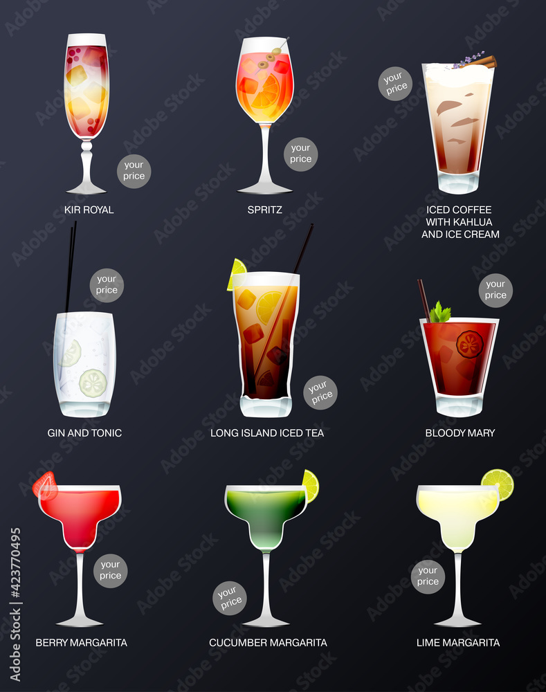 Cocktail menu with price list. A set of popular summer alcoholic ...
