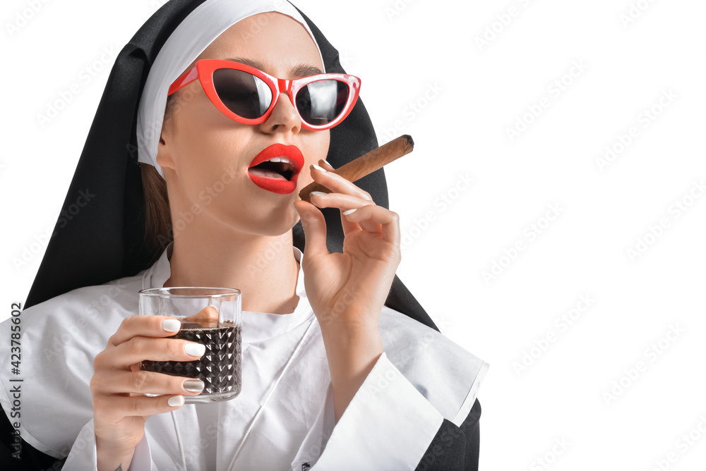 Sexy nun with cigar and alcohol on white background Stock Photo | Adobe ...