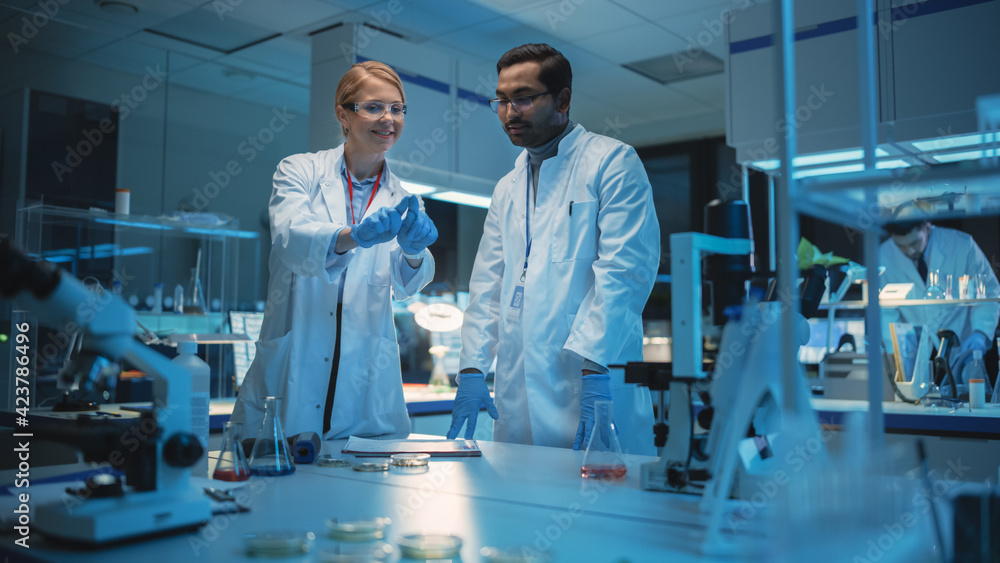 Female and Male Medical Research Scientists Have Conversation and Use ...