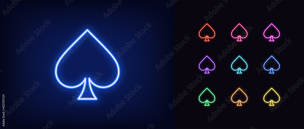 Neon spade suit icon. Glowing neon spades sign, outline card suit ...