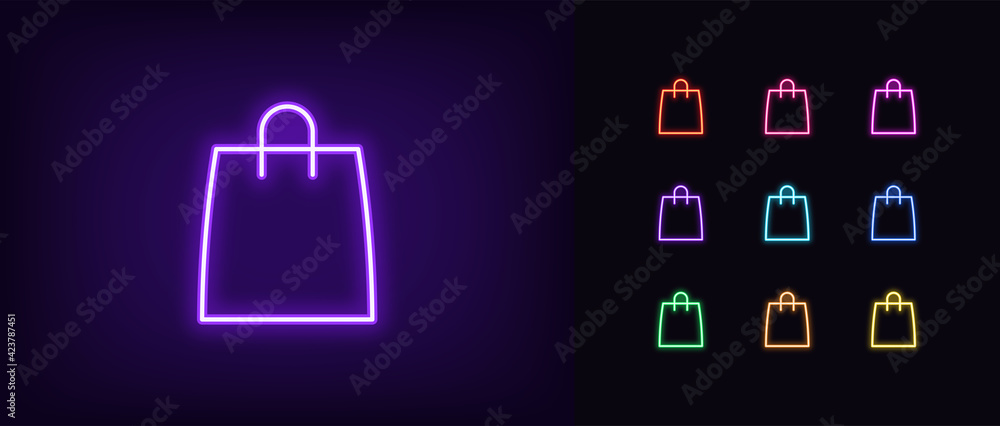 Neon shop bag icon. Glowing neon bag sign, outline silhouette Stock ...
