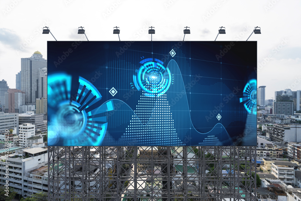 Technology hologram on billboard over panorama city view of Bangkok ...