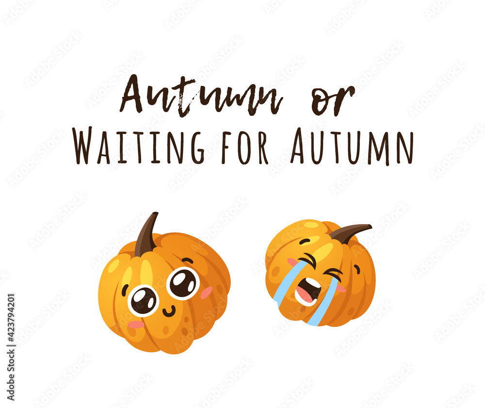 Cartoon Character Emoji Pumpkin and Text. Hand drawn stylish vegetable ...