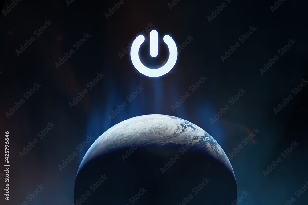 Power button over Earth planet in outer space. Elements of this image ...