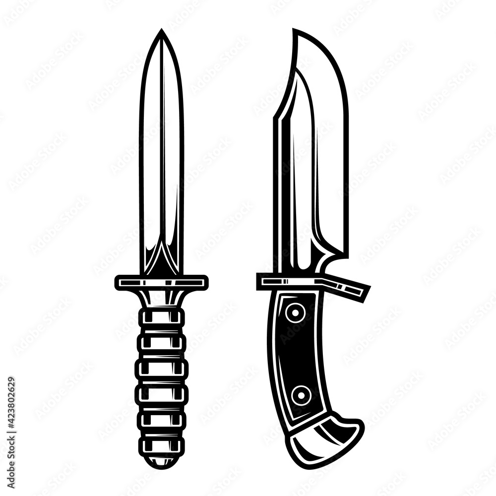 Vetor de Illustration of combat knives. Design element for logo, label ...